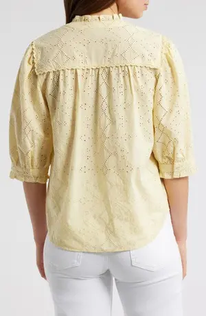 Wit & Wisdom Embroidered Eyelet Button-up Shirt - Buttercream