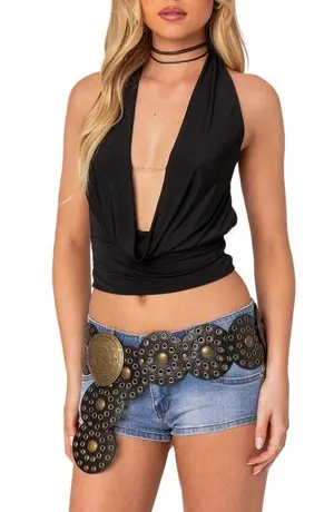 EDIKTED Plunge Cowl Neck Halter Top - Black