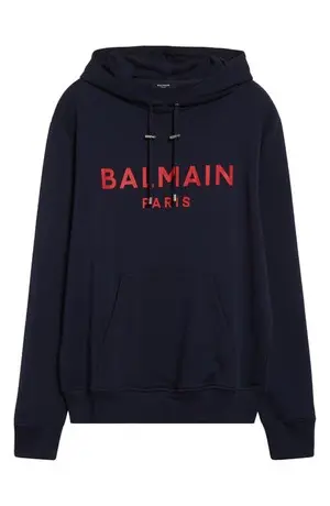 Balmain Logo Graphic Organic Cotton Hoodie - Soa Navy/ Red