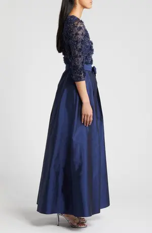 Pisarro Nights 3d Floral Beaded Taffeta Dress - Navy