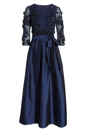 Pisarro Nights 3d Floral Beaded Taffeta Dress - Navy