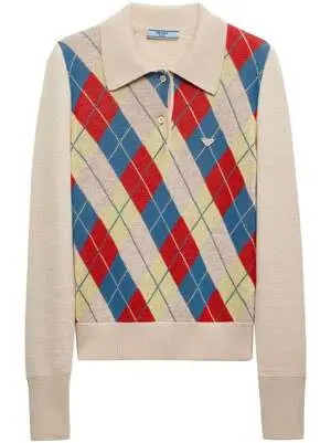 Prada Prada Argyle Knit Wool Polo Shirt Neutrals