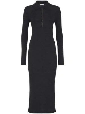 Brunello Cucinelli Ribbed Midi Dress With Monili Trim - Black