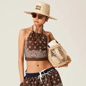 Miu Miu Woven Fabric Handbag With Leather Trim