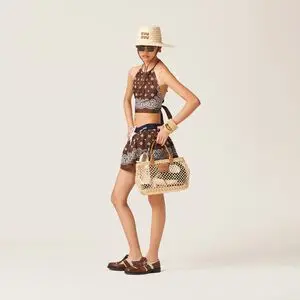 Miu Miu Woven Fabric Handbag With Leather Trim