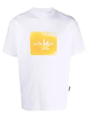 Palm Angels Leaf Print Logo T-shirt - White/yellow