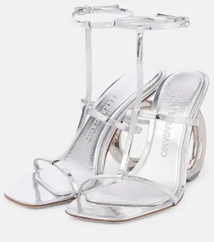 FERRAGAMO Elina 105 Metallic Leather Sandals - Silver