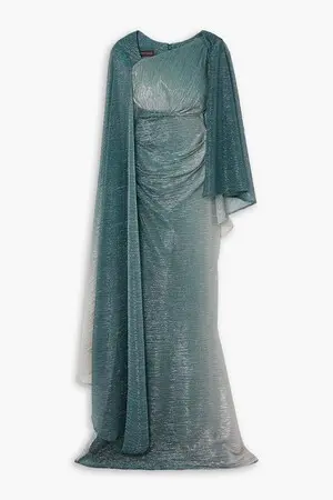 Talbot Runhof Talbot Runhof Asymmetric Cape-Effect Metallic Gown - Petrol