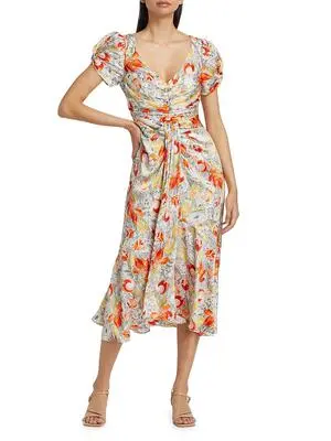 Cinq À Sept Linework Floral Walker Dress - Ivory Multi