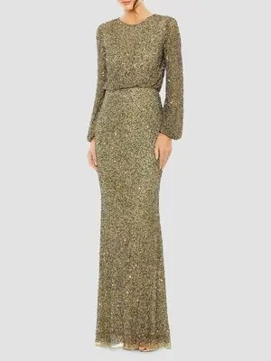 Mac Duggal Sequined Blouson Column Gown - Olive