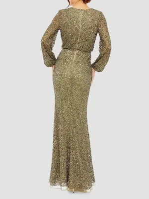 Mac Duggal Sequined Blouson Column Gown - Olive