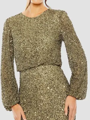 Mac Duggal Sequined Blouson Column Gown - Olive