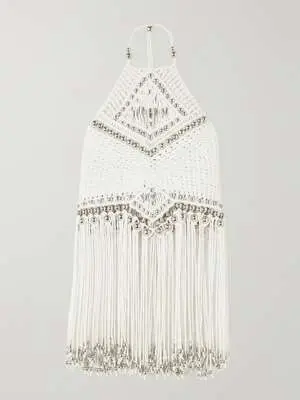 Rabanne Fringed Embellished Macramé Halterneck Top