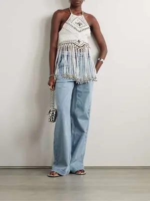 Rabanne Fringed Embellished Macramé Halterneck Top