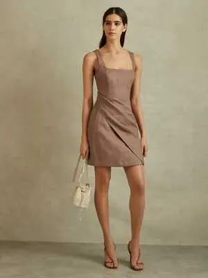 REISS Piper Linen Pleat Detail Mini Dress