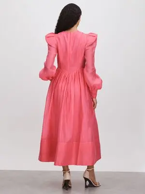 LEO LIN Jordana Silk-linen Bishop Sleeve Midi Dress