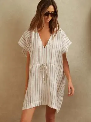 REISS Romy Linen-cotton Striped Kaftan - Cream/brown