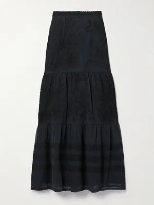 EMPORIO SIRENUSE Elda Tiered Embellished Embroidered Cotton-mesh Maxi Skirt