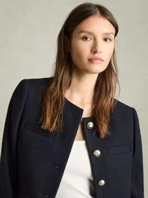 REISS Nola Cropped Wool Jacket - Navy