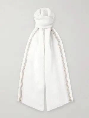 Loro Piana Zamami Embroidered Herringbone Linen Scarf - White