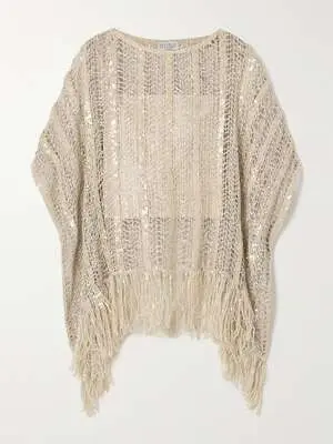 Brunello Cucinelli Fringed Sequin-Embellished Open-Knit Top Sand