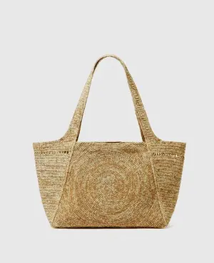 Stella McCartney Logo Crochet Raffia Tote Bag - Beige
