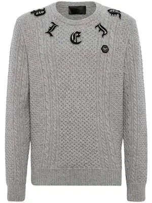 Philipp Plein Logo-appliqué Cable-knit Jumper - Grey