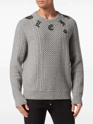 Philipp Plein Logo-appliqué Cable-knit Jumper - Grey