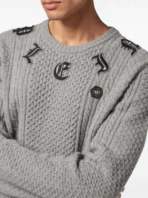 Philipp Plein Logo-appliqué Cable-knit Jumper - Grey