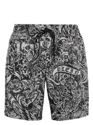 Philipp Plein Tattoo-print Drawstring Swim Shorts - Black