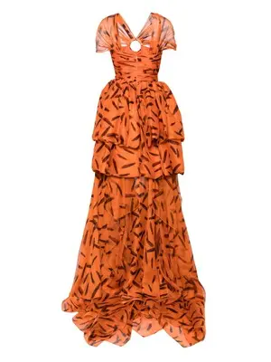 ISABEL SANCHIS Feather-print Draped Silk Gown