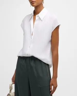 Vince Cap-sleeve Linen Button-front Blouse Optic White