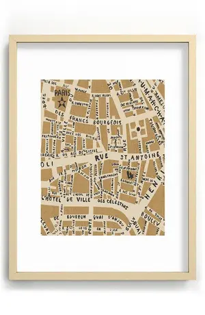 DENY DESIGNS Paris Map Rustic Framed Art Print - Cream