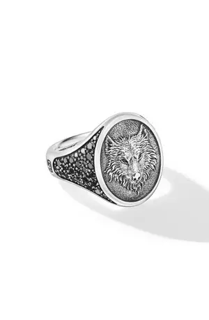 David Yurman Petrvs Diamond Wolf Signet Ring - Sterling Silver/ Black Diamond