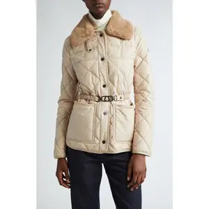 Moncler Cygne Belted Down Puffer Jacket With Removable Faux Fur Collar - Beige