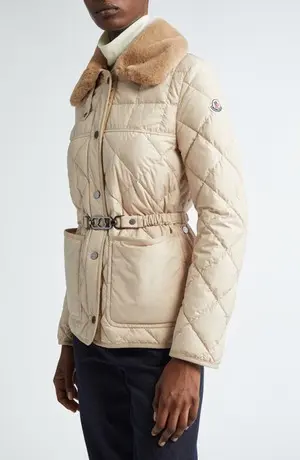 Moncler Cygne Belted Down Puffer Jacket With Removable Faux Fur Collar