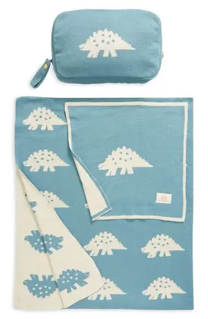 PINK LEMONADE Dinosaur Organic Cotton Baby Blanket & Travel Pouch Set - Soft Teal/ Natural Mel