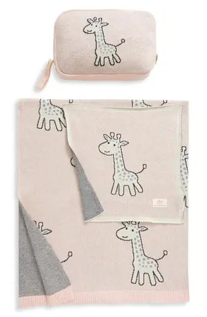 PINK LEMONADE Petite Giraffe Organic Cotton Baby Blanket & Travel Pouch Set - Pink Mel/natural