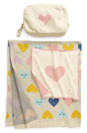 PINK LEMONADE Smiley Hearts Organic Cotton Baby Blanket & Travel Pouch Set - Pink/ Yellow