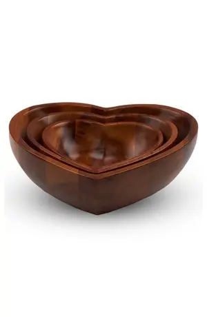 NAMBE Eat Your Heart Set Of Three Acacia Wood Nesting Bowls - Brown