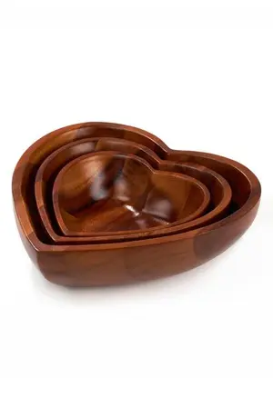 NAMBE Eat Your Heart Set Of Three Acacia Wood Nesting Bowls - Brown