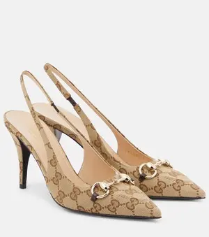 Gucci Horsebit Gg Canvas Slingback Pumps - Beige