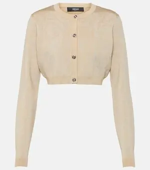 Versace Barocco Cropped Lamé Cardigan - Beige