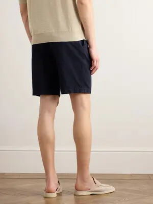 Zegna Straight-leg Pleated Cotton And Linen-blend Twill Shorts - Blue