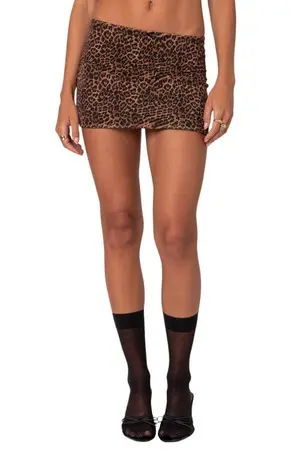 EDIKTED Leopard Print Mesh Miniskirt - Brown