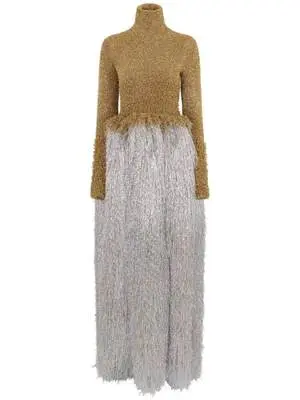 Rabanne Turtleneck Metallic Textured Maxi Dress