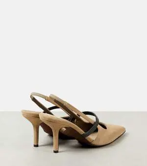 Brunello Cucinelli Monili Suede Slingback Pumps - Brown