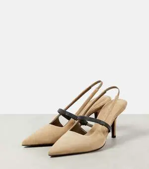 Brunello Cucinelli Monili Suede Slingback Pumps - Brown