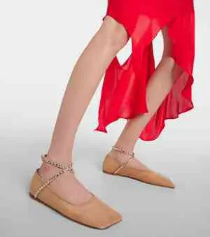 Amina Muaddi Ane Embellished Ballet Flats - Beige