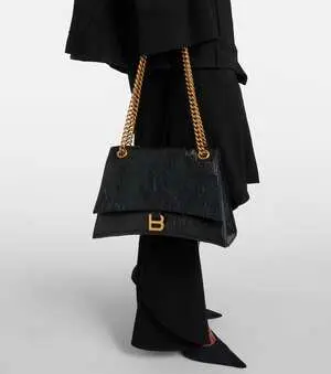 Balenciaga Crush Medium Leather Shoulder Bag - Black
